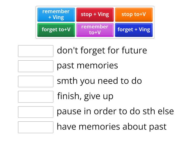 Gerund VS Infinitive-Stop, Try, Remember, Forget, Regret - Match up Gerund VS Infinitive-Stop, Try, Remember, Forget, Regret - Match up