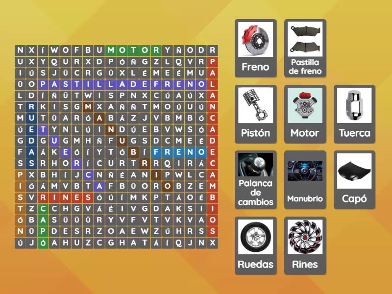 Encuentra las piezas del carro - Sopa de letras