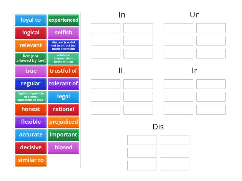 Adjectives with prefixes - in/ un/ ir/ il/ dis - Die richtige Gruppe