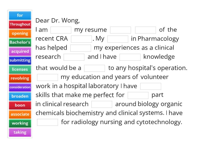 Cover letters Clinical Research related context 2 - Complete the sentence