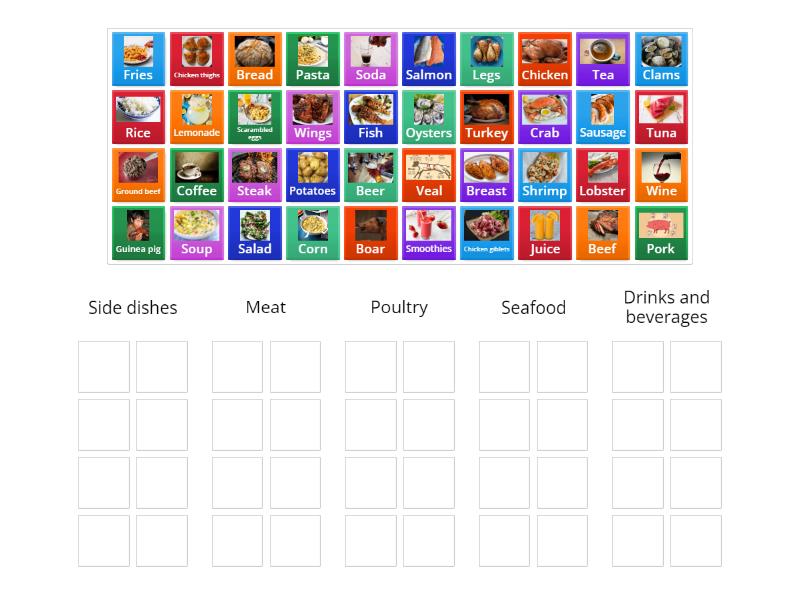 Main dishes and drinks - Vocabulary - Ordenar por grupo