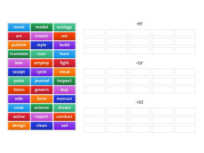 Suffixes -er, -or, -ist - Group sort