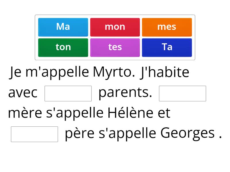 Les adjectifs possessifs (Mon - Ma - Mes / Ton - Ta - Tes) - Mot manquant