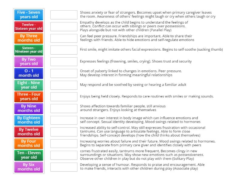 Emotional developmental milestones - Match up