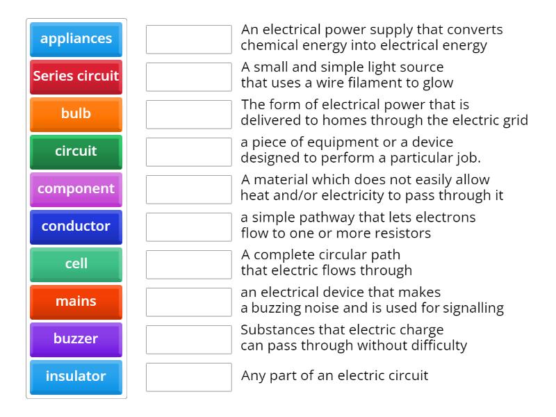 Electricity Vocabulary - Match up