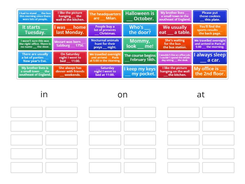 Prepositions of time and place - Posortuj