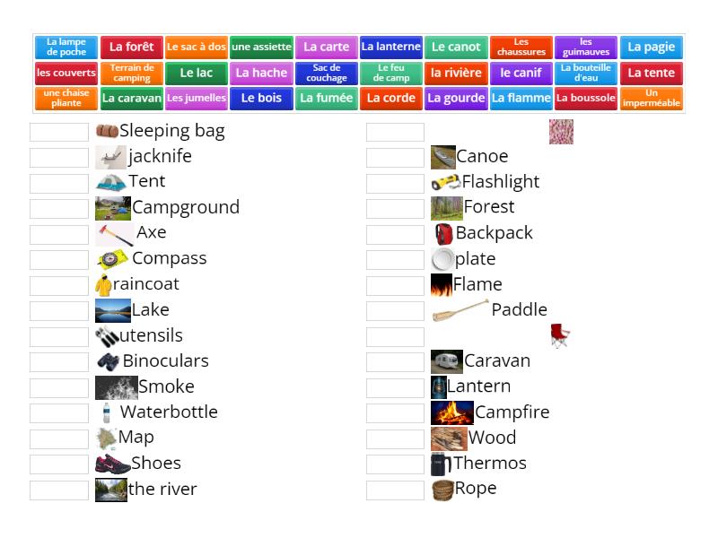 Le camping - Vocabulaire - Match up
