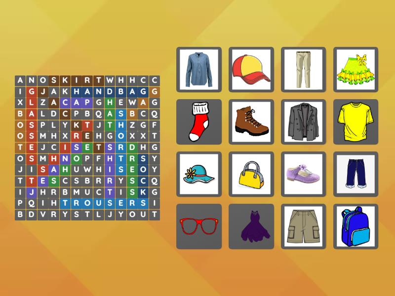 Clothes for Starters YLE, unit 8 - Wordsearch