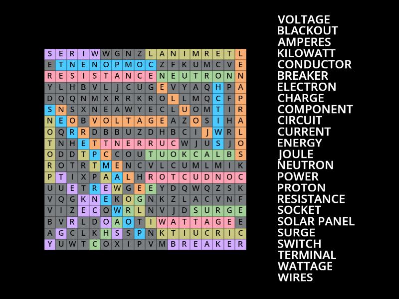 Words related to electricity - Wordsearch