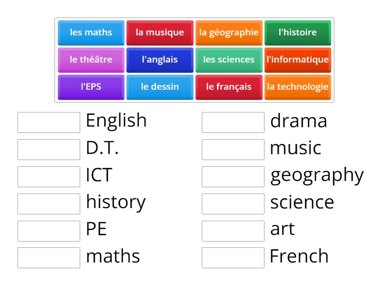 French Year 7 school subjects - Match up