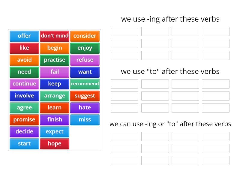 verb patterns: to or -ing - Group sort