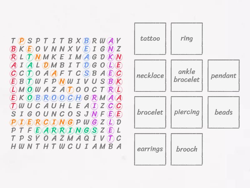 Advanced English Jewellery - Wordsearch