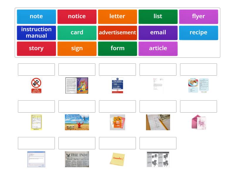 Types of Texts (E3 ESOL Reading) - Match up