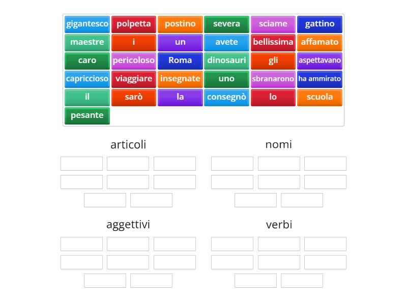 Analisi grammaticale (articoli, nomi, aggettivi, verbi) - Group sort