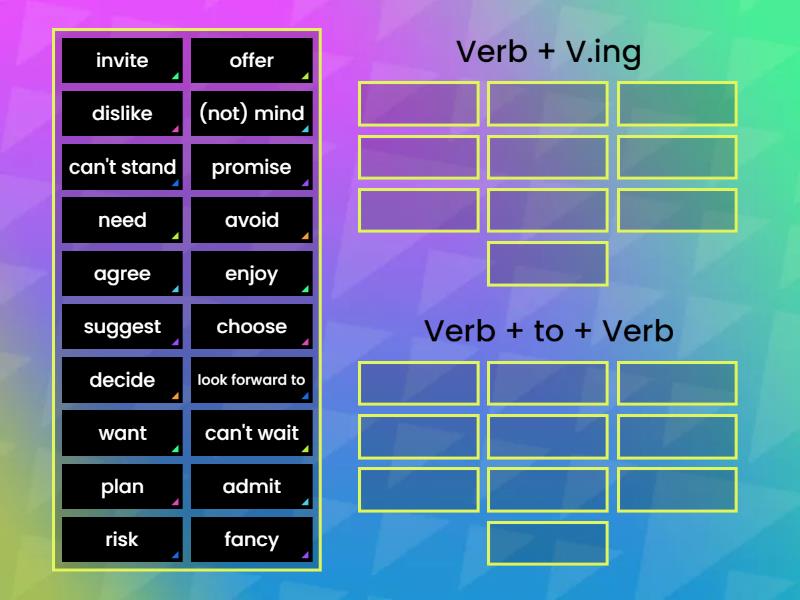 Verb Patterns - classify the verbs into the right column - Group sort