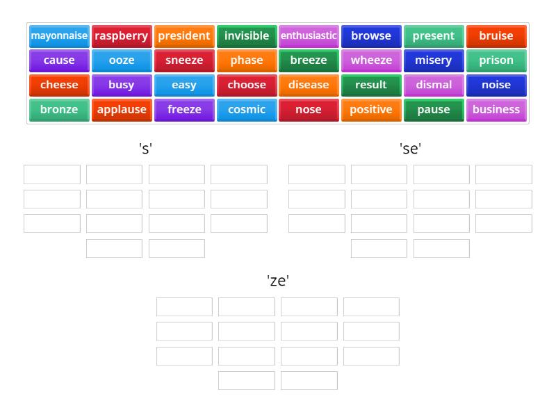 S2: 's', 'se' and 'ze' making the 'z' sound - Group sort