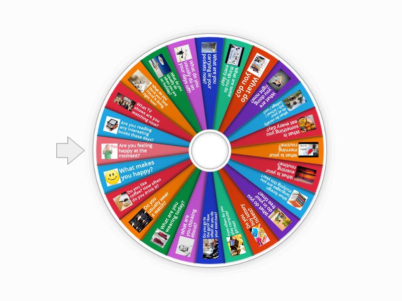 Present Simple and Continuous (questions for speaking) - Random wheel