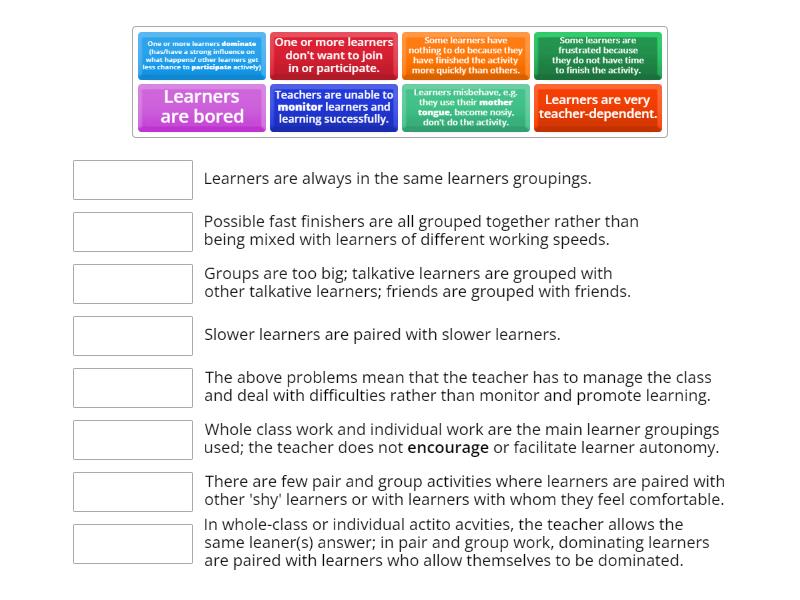 TKT Unit 31 Grouping Learners by Coh (Match the classroom problems with some possible reasons ...