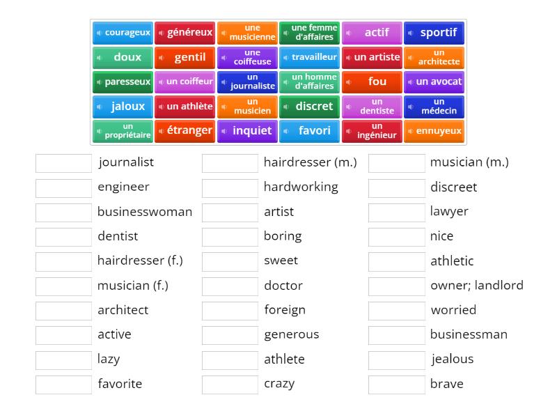 Professions et occupations; Adjectifs irréguliers - Match up