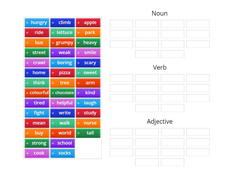 Sorting Activity: Nouns, Verbs, and Adjectives - Group sort