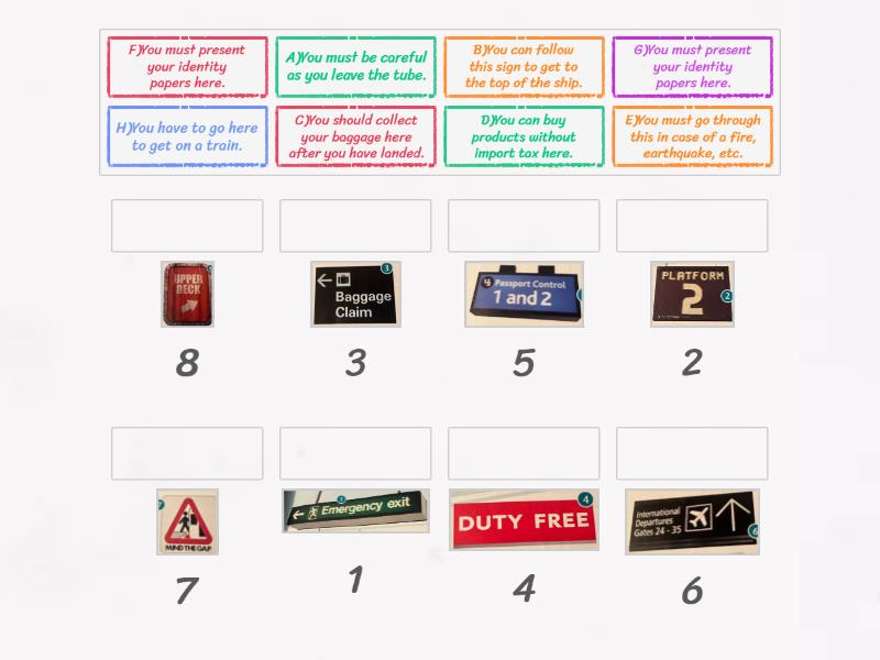 Match the signs (1-8) to their meanings (A-H). .. Listen and check ...