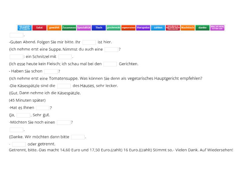 Im Restaurant - Essen und Trinken - Completar la frase