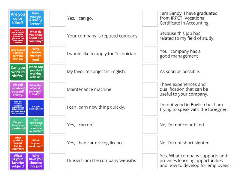 Job interview quiz - Match up