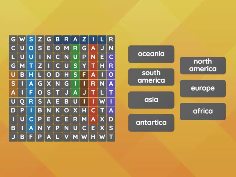 find the words of 1 country from every continent - Wordsearch