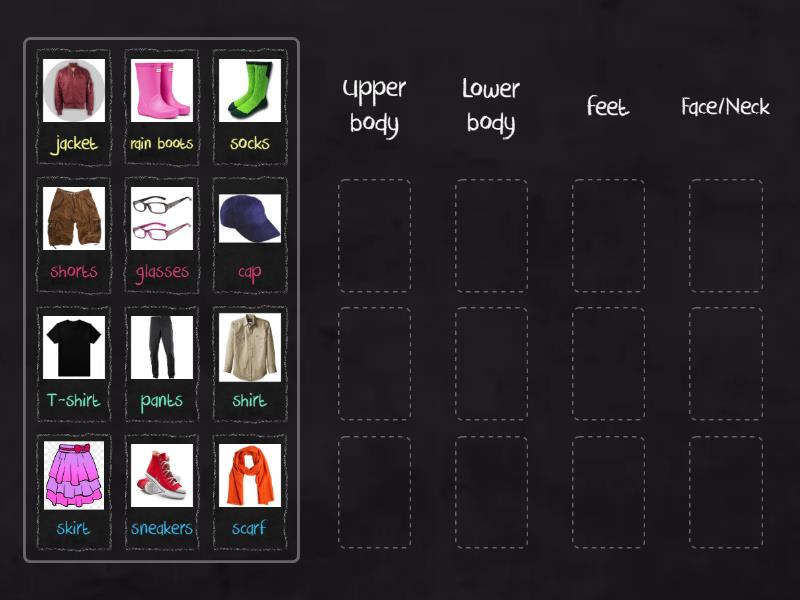 Different clothing items for different body parts - Group sort