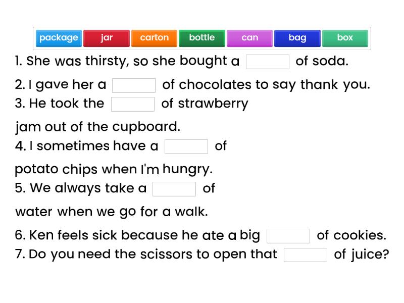 Review: Vocabulary - Food containers - Complete the sentence