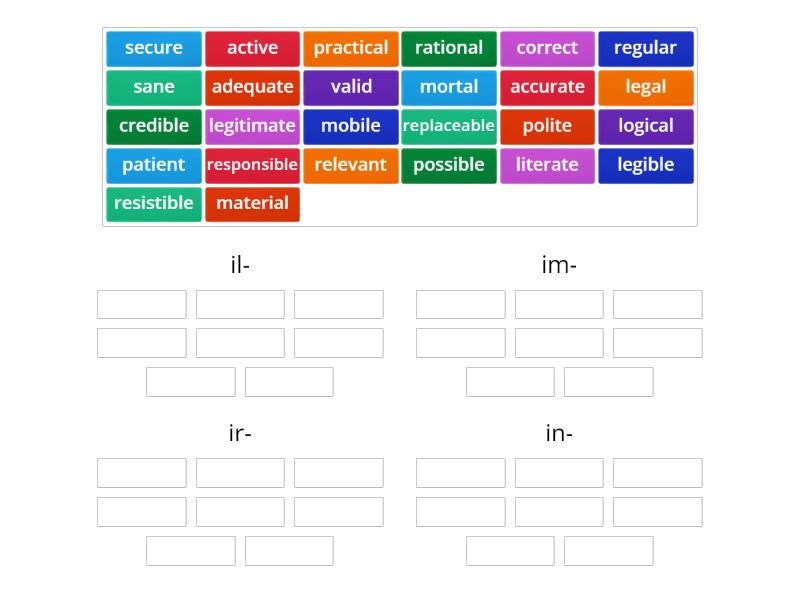 Prefixes il-, im-, ir-, in- with adjectives - Group sort