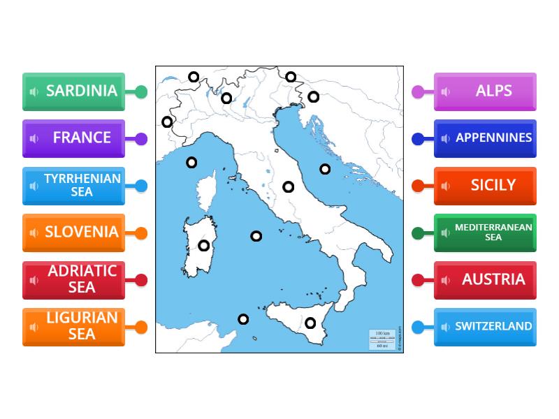 ITALY PHYSICAL MAP - Labelled diagram