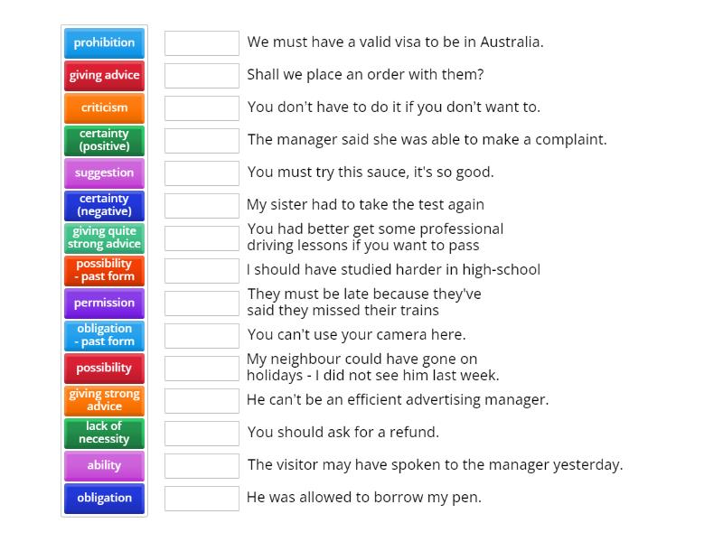 Modal Verb Groups - match the example to the use - Match up