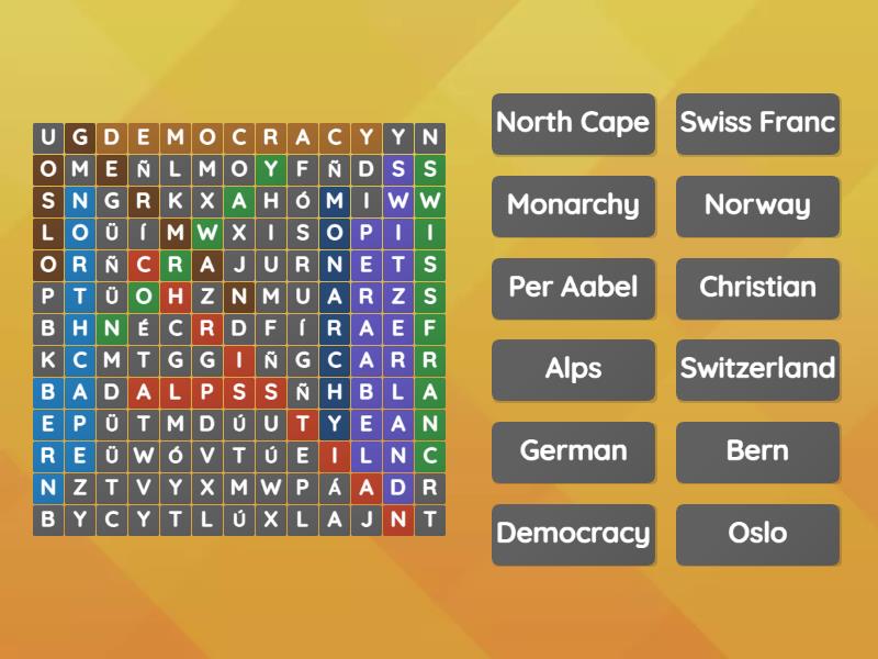 Norway and Switzerland - Wordsearch