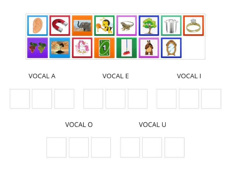 Coloque las imágenes en el grupo que corresponde según la vocal con la que inicien. - Group sort