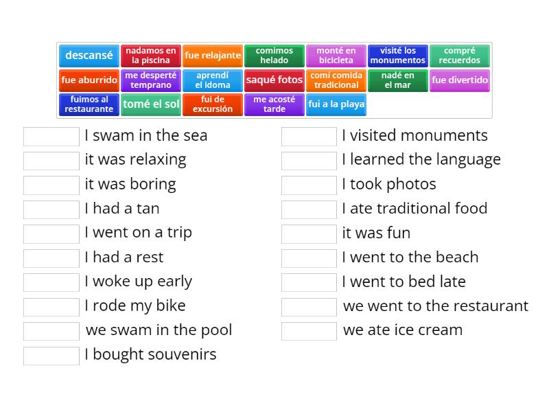 Las vacaciones en el pasado (past tense activities for holiday) - Match up