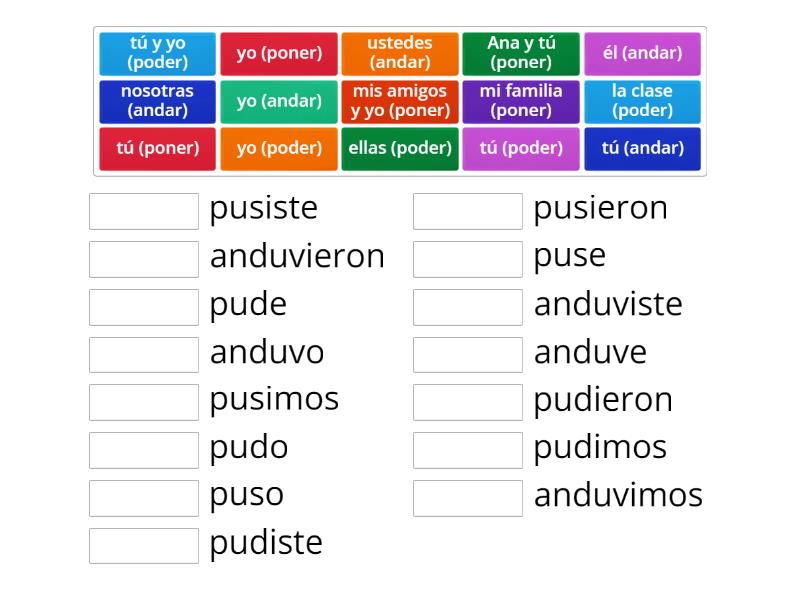 El pretérito de andar, poder y poner - Match up