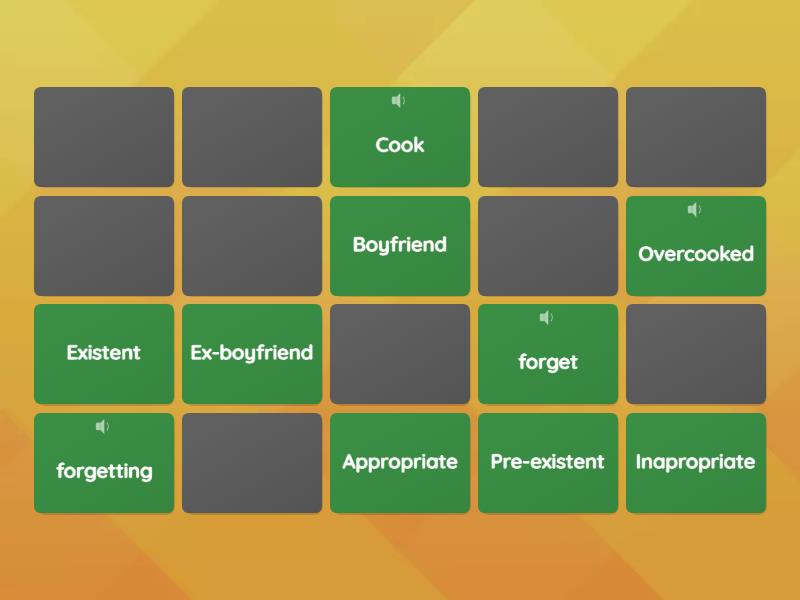 Suffix and Prefix memory game - Matching pairs