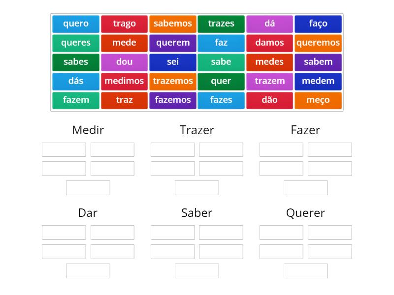 Verbos Irregulares_grupo2: medir; trazer; fazer; dar; saber; querer ...