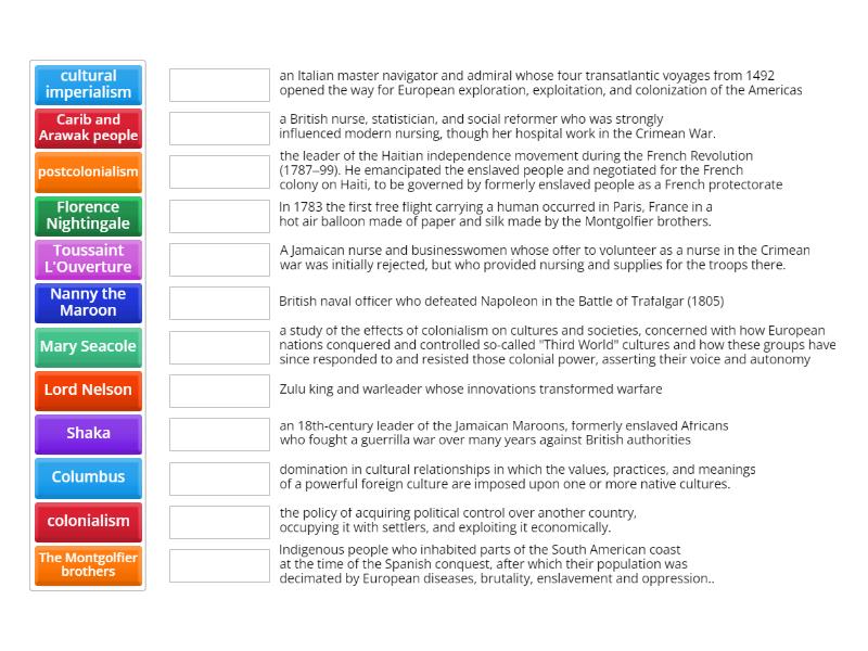 Checking Out Me History key concepts - Match up
