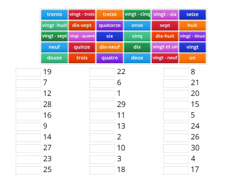 Les nombres 0-30 en francais - Une las parejas