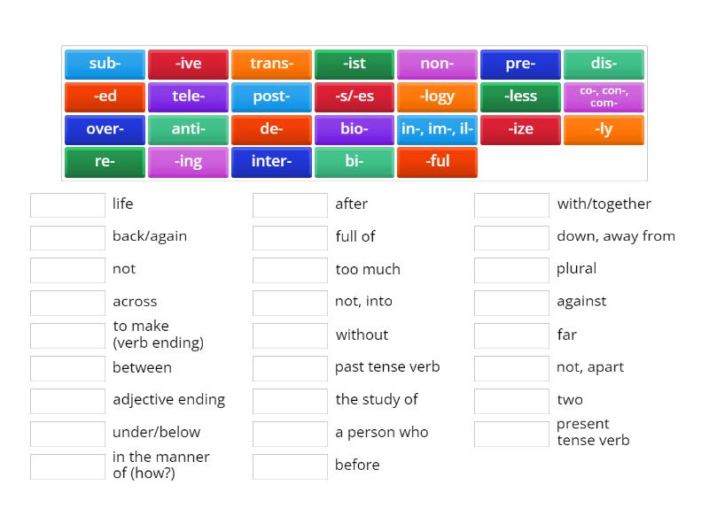 Prefixes and Suffixes - Match up