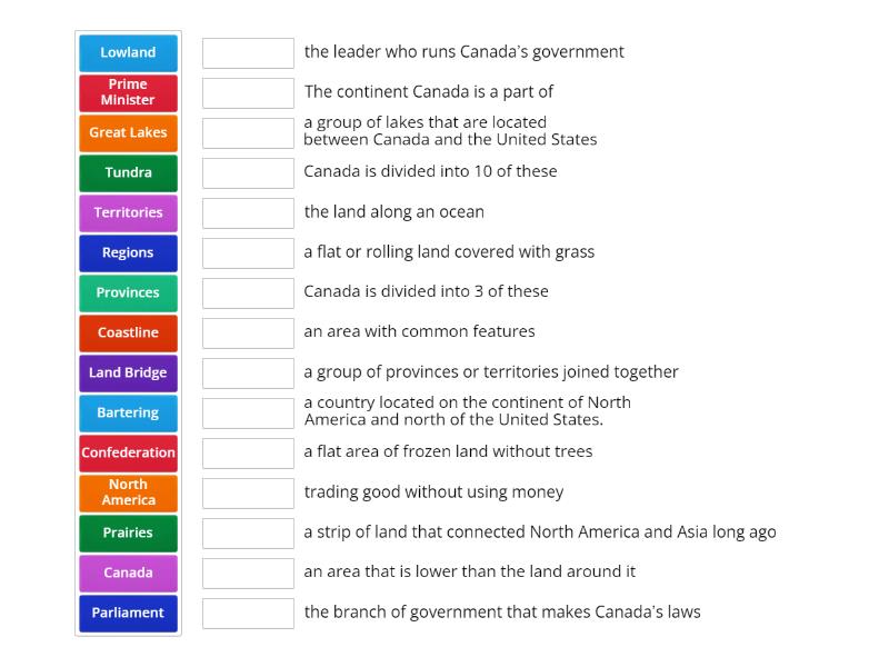 Canada Vocabulary - Match up