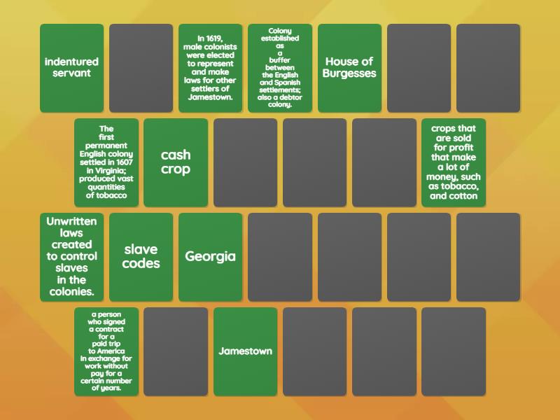 13 Colonies Vocabulary - Matching pairs