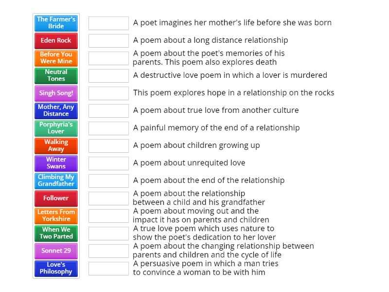 AQA GCSE English Literature Poetry - Love and Relationships Matching ...