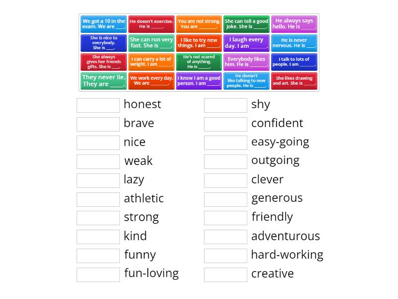 Adjectives of personality example sentences - Match up
