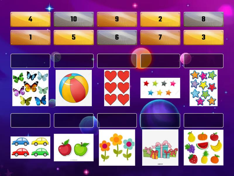 "Cazando cantidades". ¡Une el número con la cantidad de objetos correctos! (4 a 5 años) - Match up