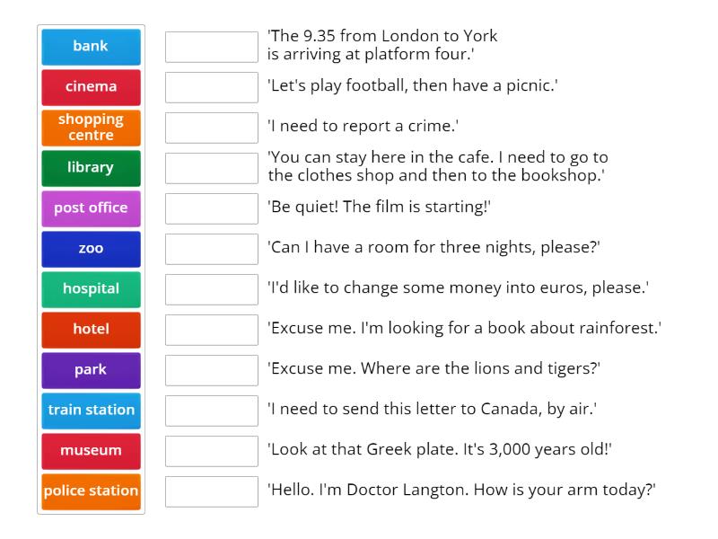 Solutions Elem 5A Match the sentences with places in town - Match up