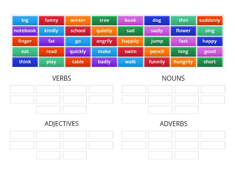 VERBS, NOUNS, ADJECTIVES,ADVERBS - Group sort