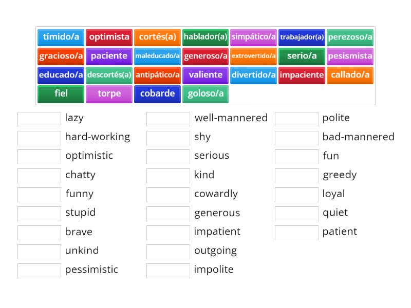 Yr 10 Spanish personality adjectives - Match up